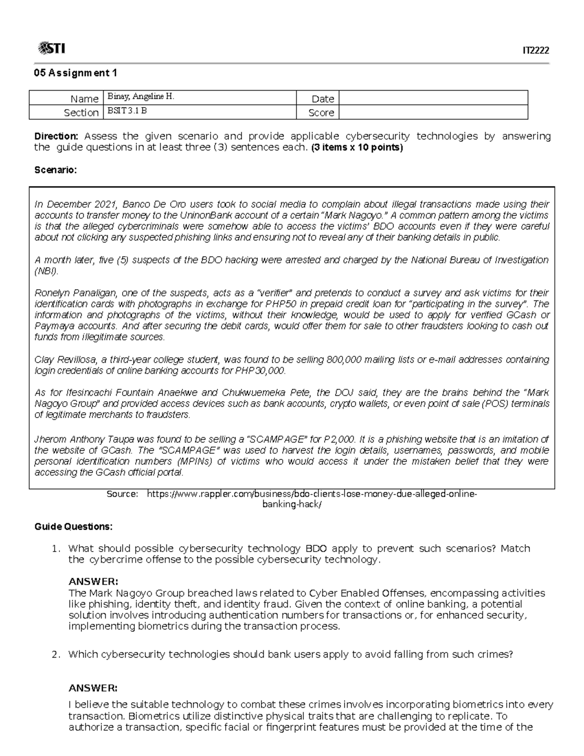 05 Assignment 1 - Mhk - 05 Assignment 1 IT Name Binay, Angeline H. Date Section BSIT 3 B Score ...