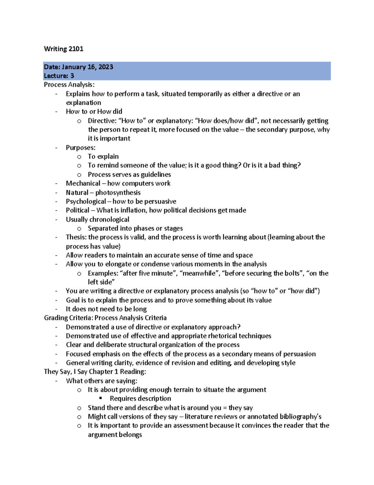 Master Document of Notes - Writing 2101 - Writing 2101 Date: January 16 ...