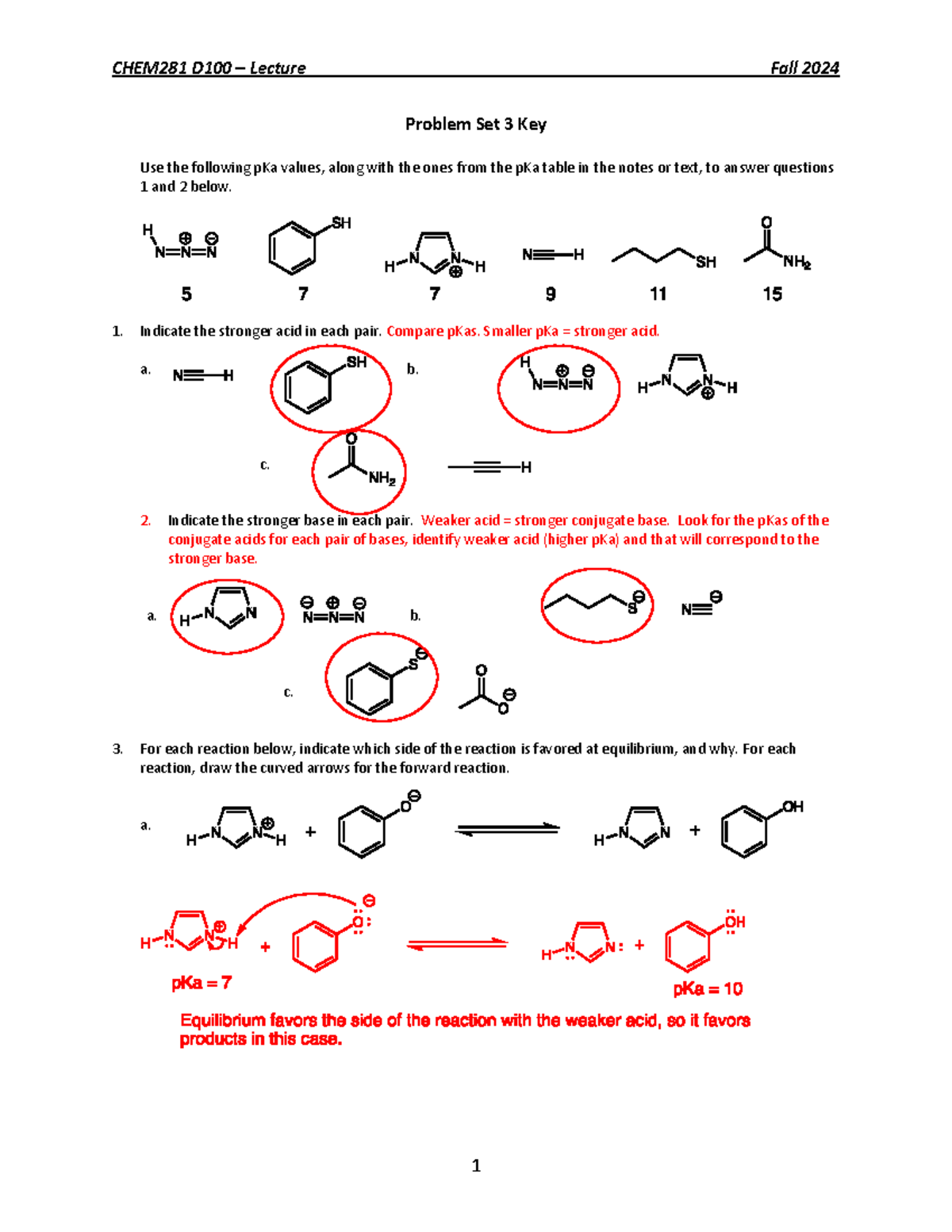 Problem Set 3 - KEY - Problem Set 3 Key Use the following pKa values, along with the ones from ...