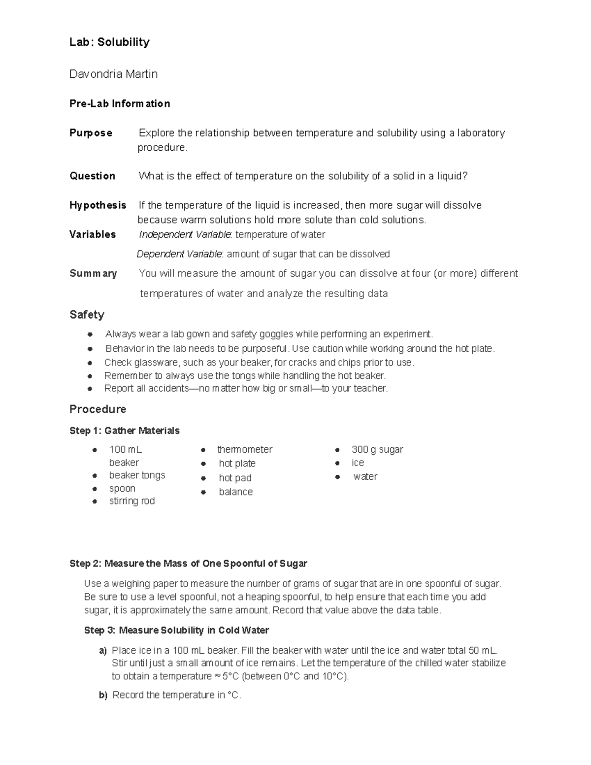 Lab Report Solubility - Lab: Solubility Davondria Martin Pre-Lab ...