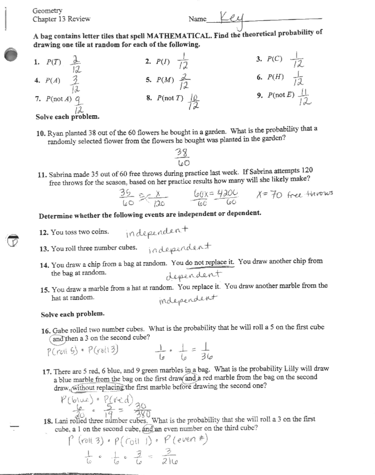 Probability review Answer key cotaught - Geometry Chapter 13 Review ...