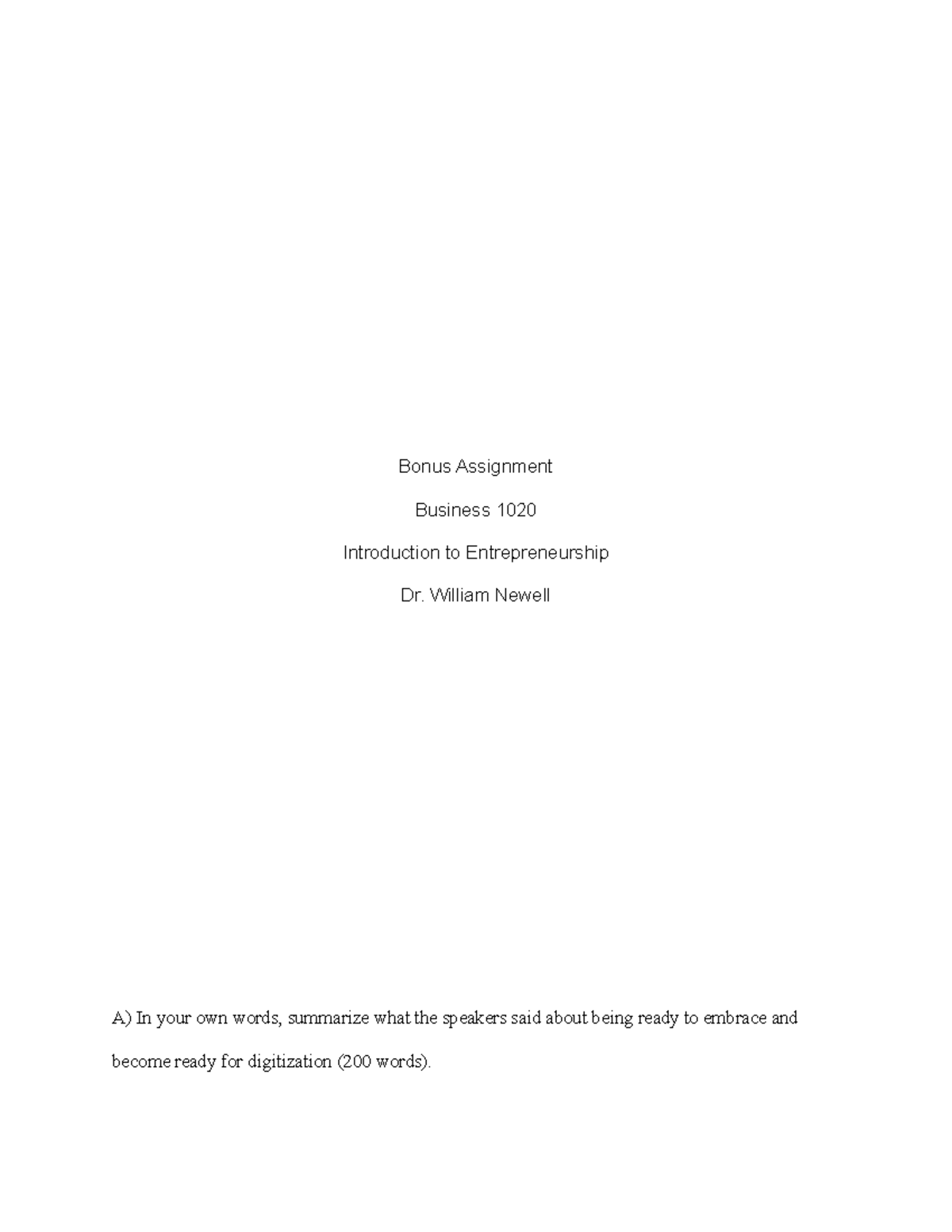 Bonus Assignment - Grade: A - Bonus Assignment Business 1020 ...