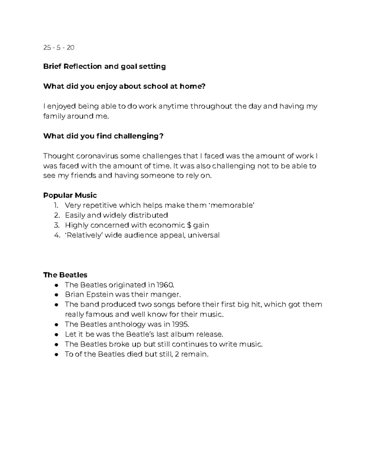 25 - 5 - 20 Popular Music - Google Docs - 25 - 5 - 20 Brief Reflection ...