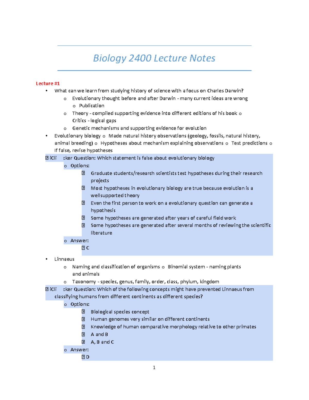 Biology 2400 Lecture Notes - Biology 2400 Lecture Notes Lecture ...