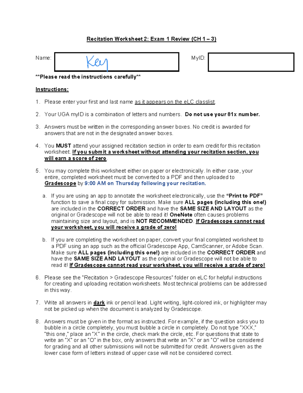 Recitation 2 Key - Recitation Worksheet 2: Exam 1 Review (CH 1 – 3 ...