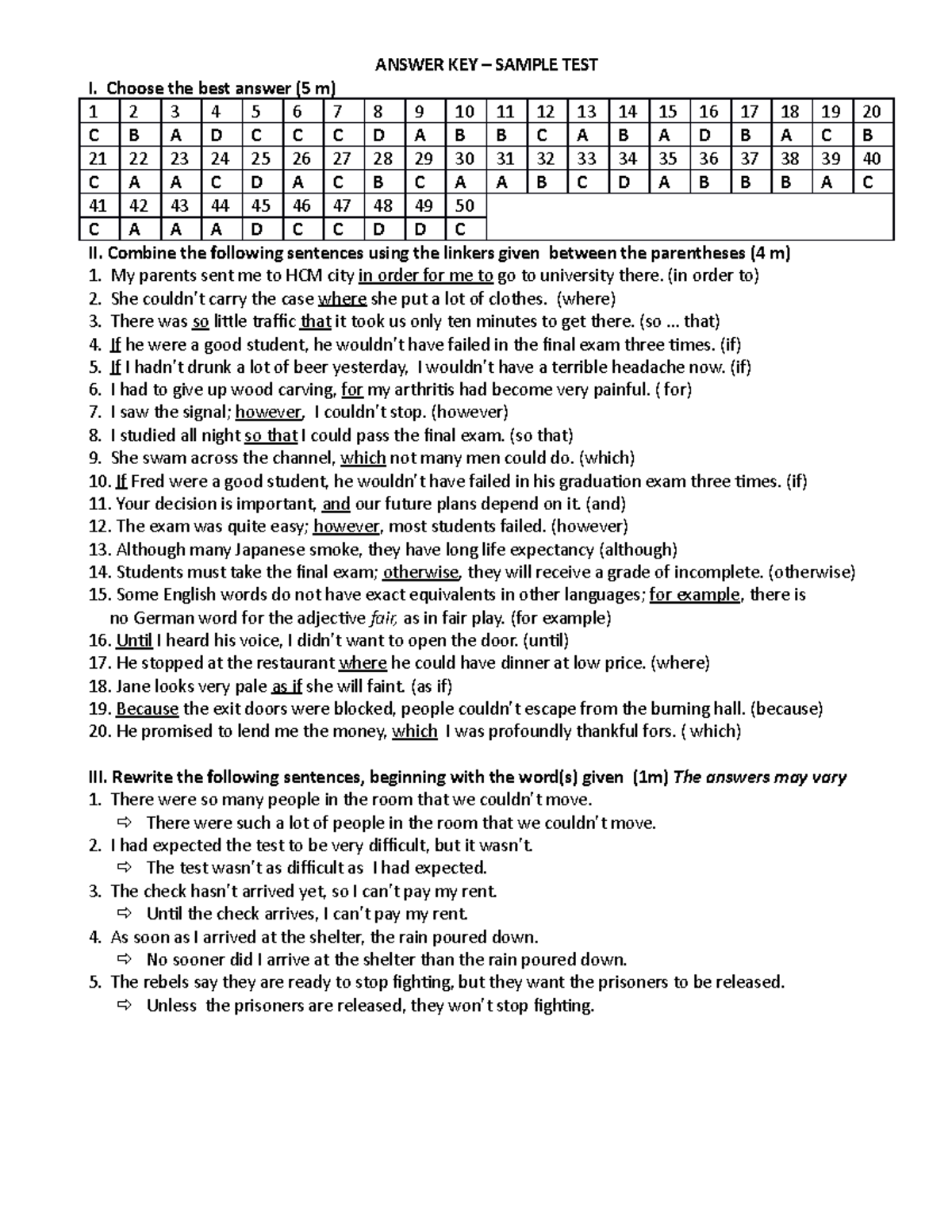 KEY Ä‘á» thi máº«u Grammar - ANSWER KEY – SAMPLE TEST I. Choose the ...