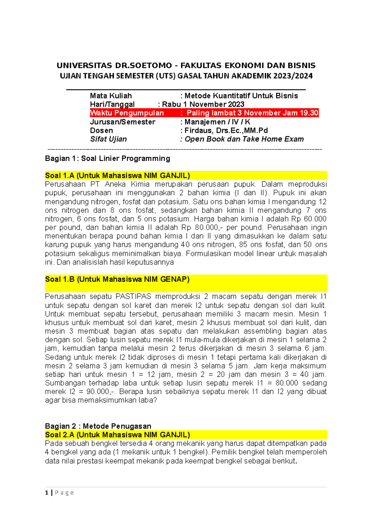 Soal uts metode kuantitatif - UNIVERSITAS DR - FAKULTAS EKONOMI DAN ...