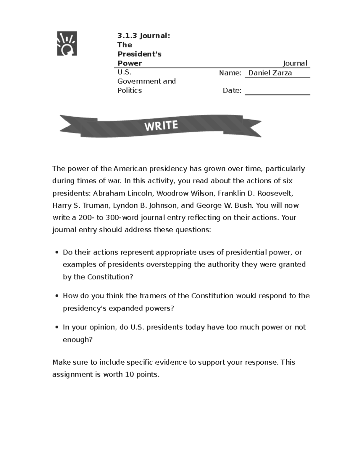 3.1.3 Journal - 3.1 Journal: The President's Power Journal U ...