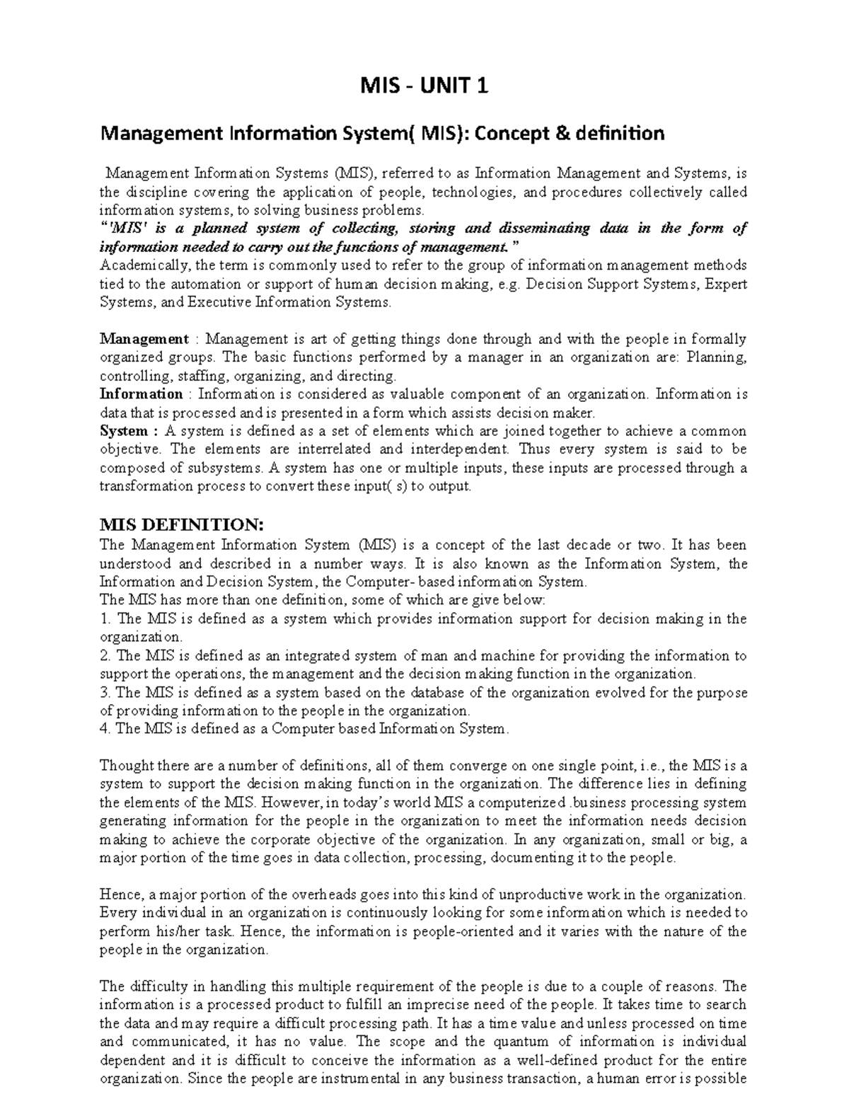 MIS Notes Unit 1 - management information system - Information ...