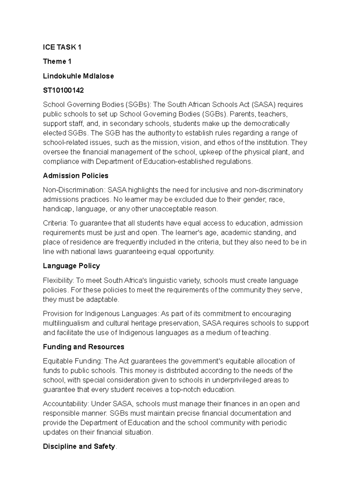 EDMA ice task 1 - ice task - ICE TASK 1 Theme 1 Lindokuhle Mdlalose ST School Governing Bodies ...