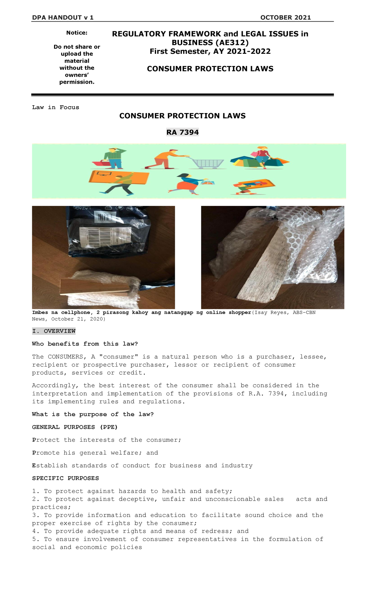 Consumer Protection LAW Handout - Notice: Do not share or upload the ...