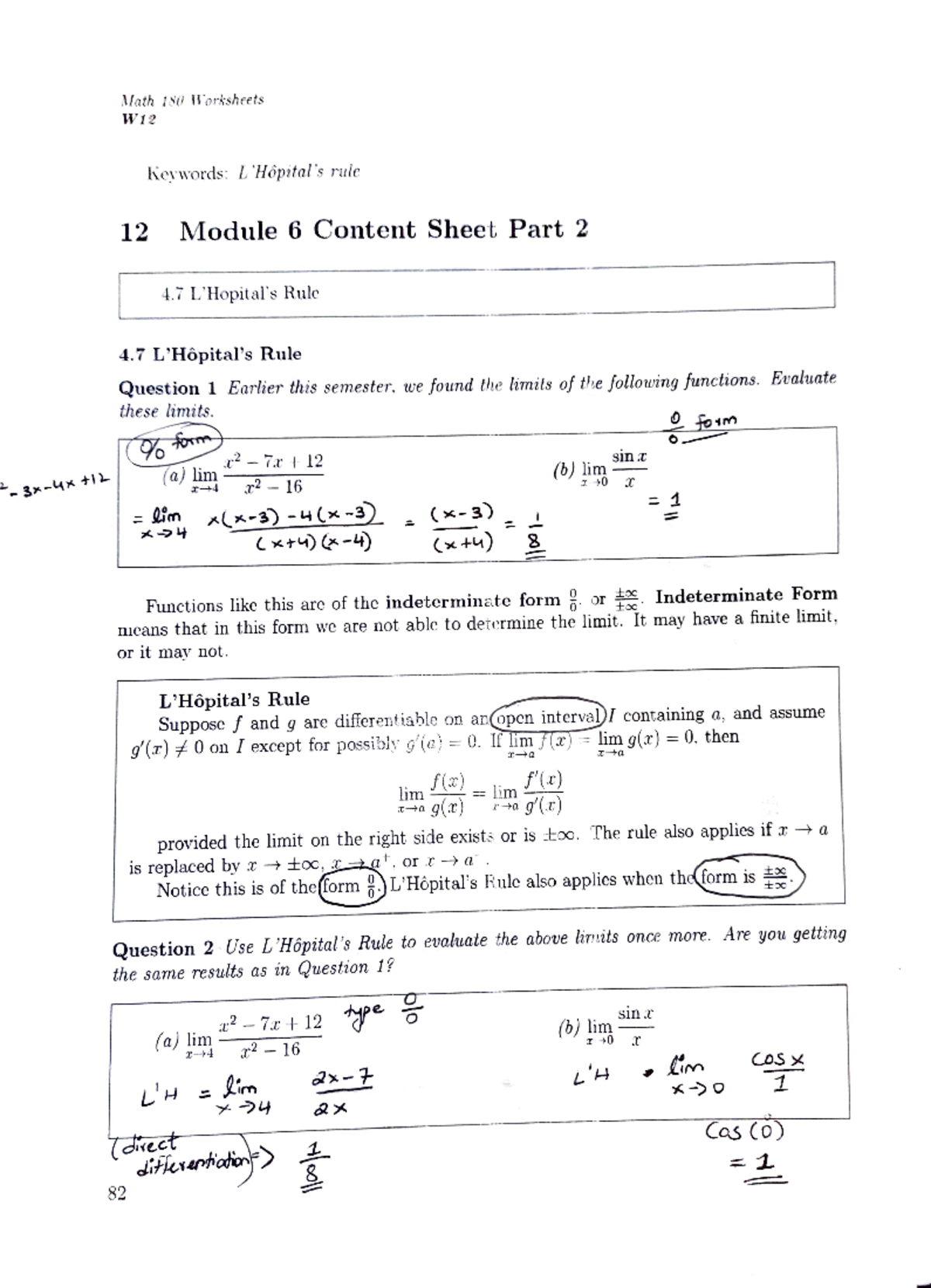 Written Homework 11 and Content Sheets Solutions - W Kevwords: L Hôpital's rule 12 Module 6 ...
