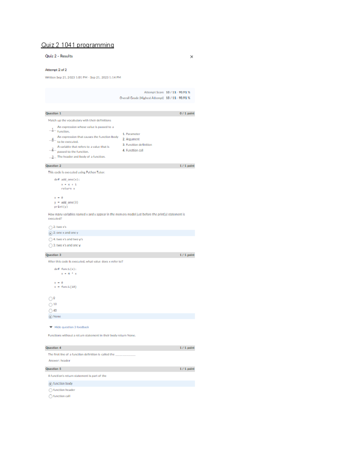 Quiz 2 programming - Google Docs - Quiz 2 1041 programming Quiz 2 Results Attempt 2 of 2 Written ...