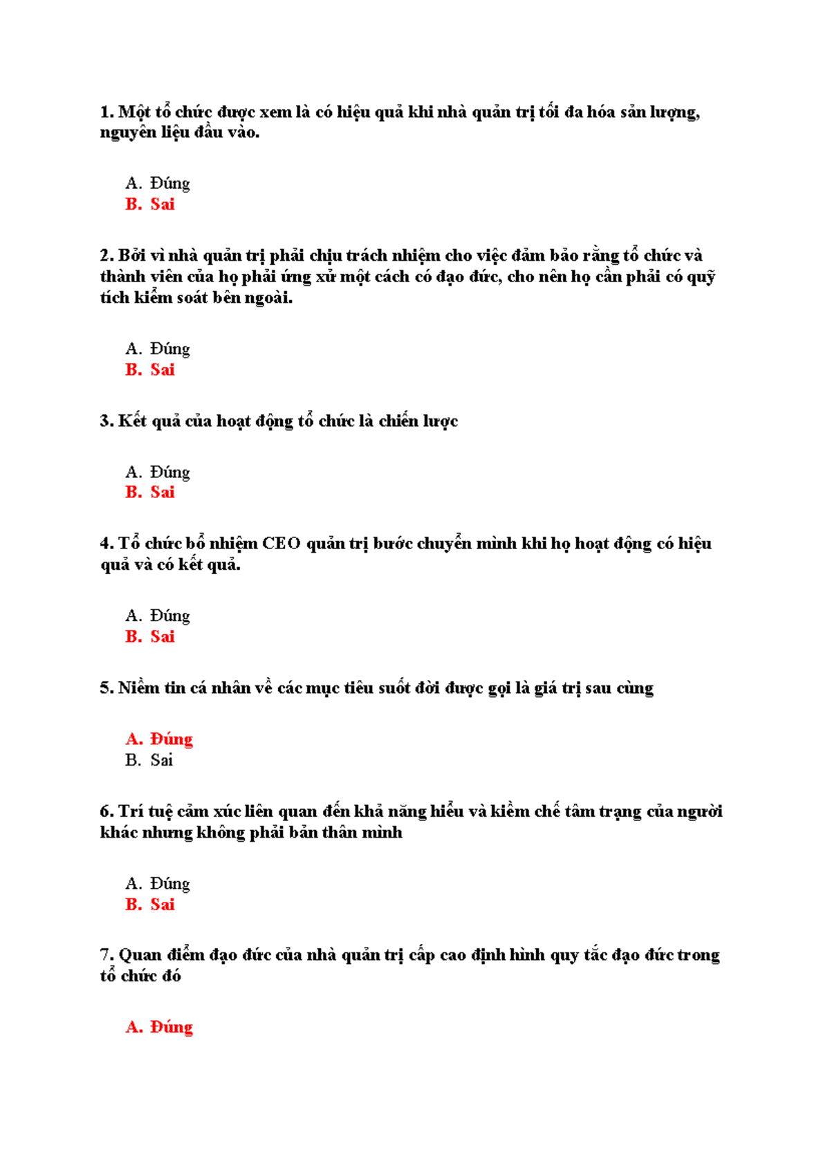 Đúng Sai Kì 1 - fdfdfdf - Một tổ chức được xem là có hiệu quả khi nhà ...