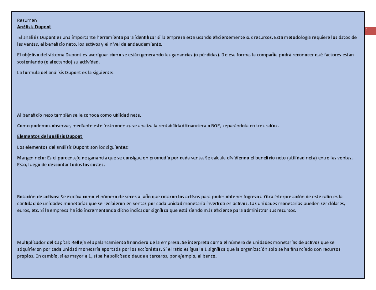 Resumen DU PONT - El modelo Dupont cuantifica el impacto que tiene la ...
