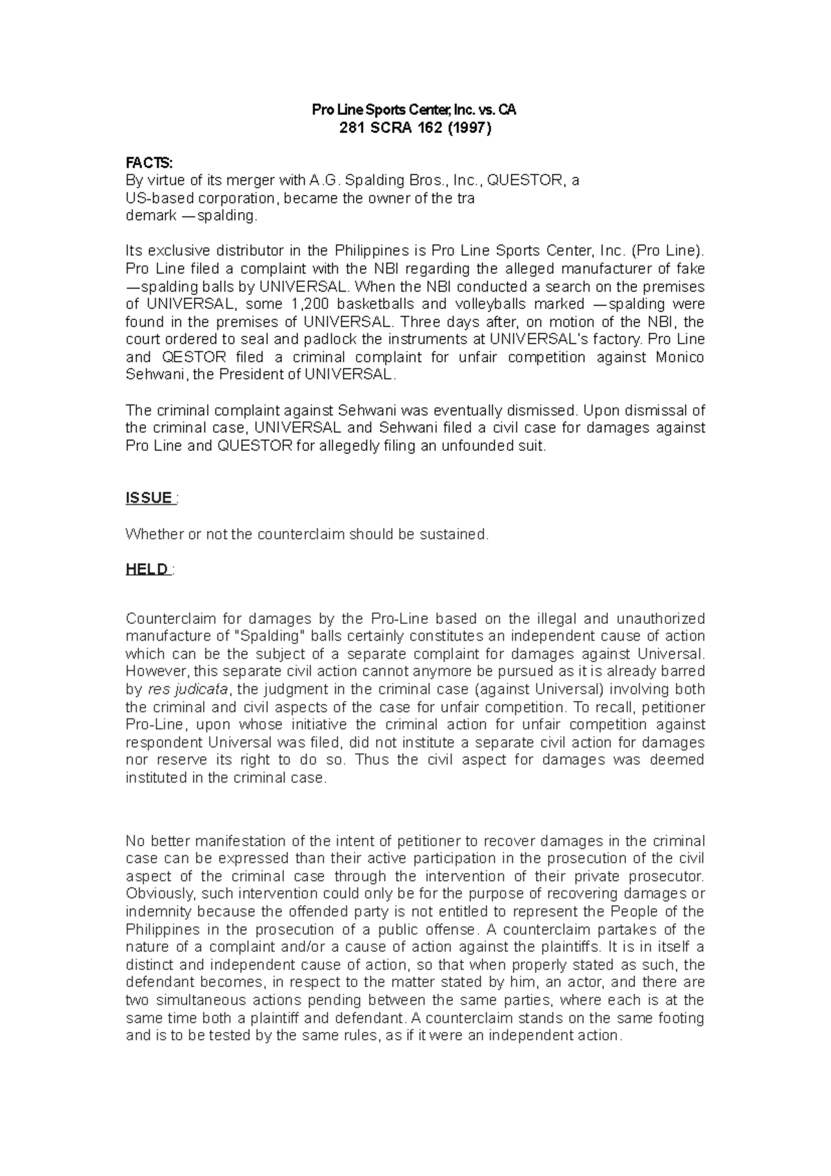 Pro Line Sports Center v CA - Pro Line Sports Center, Inc. vs. CA 281 ...