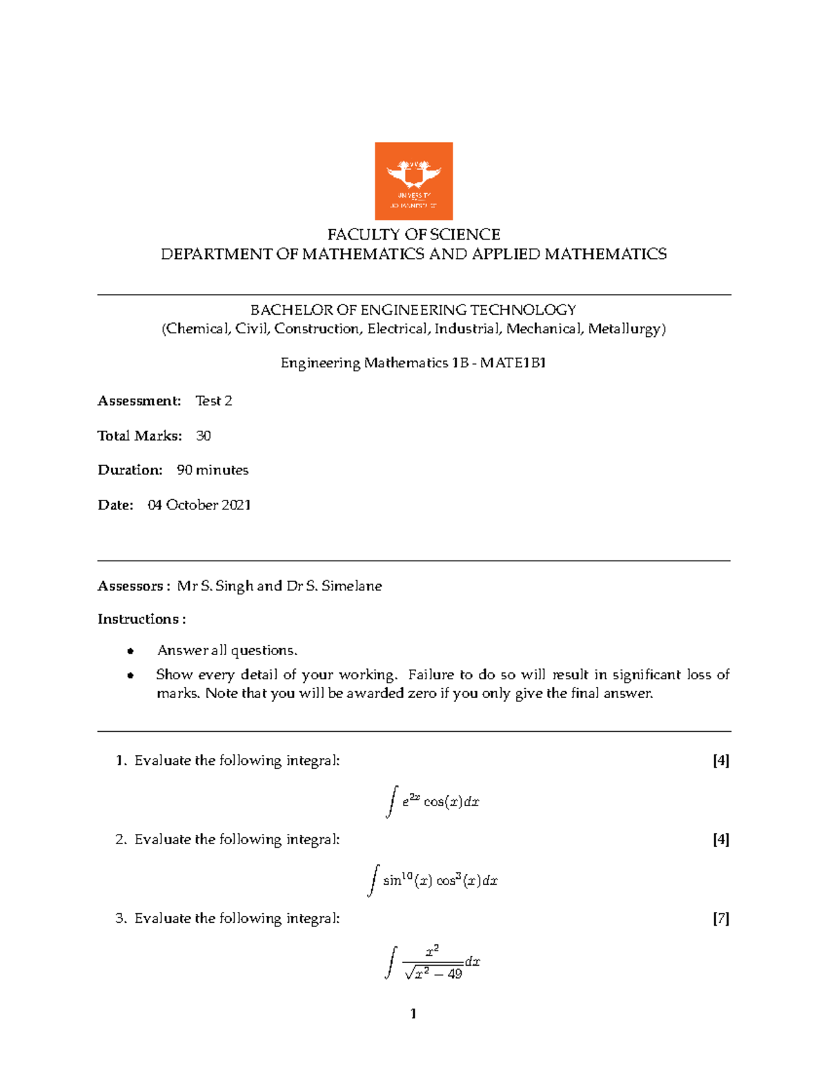 MATE1B1 test 2 V1 - mate1b - FACULTY OF SCIENCE DEPARTMENT OF ...