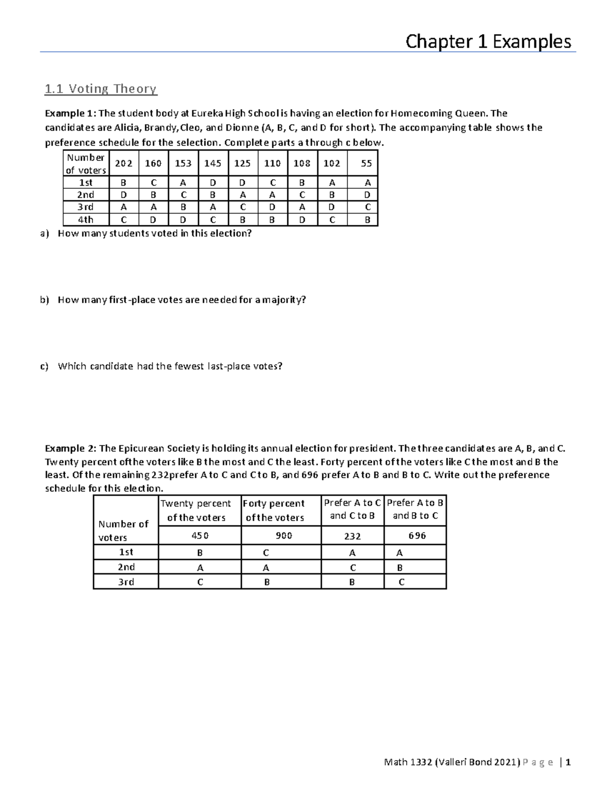 Chapter 1 Notes For Students - Chapter 1 Examples 1 Voting Theory ...