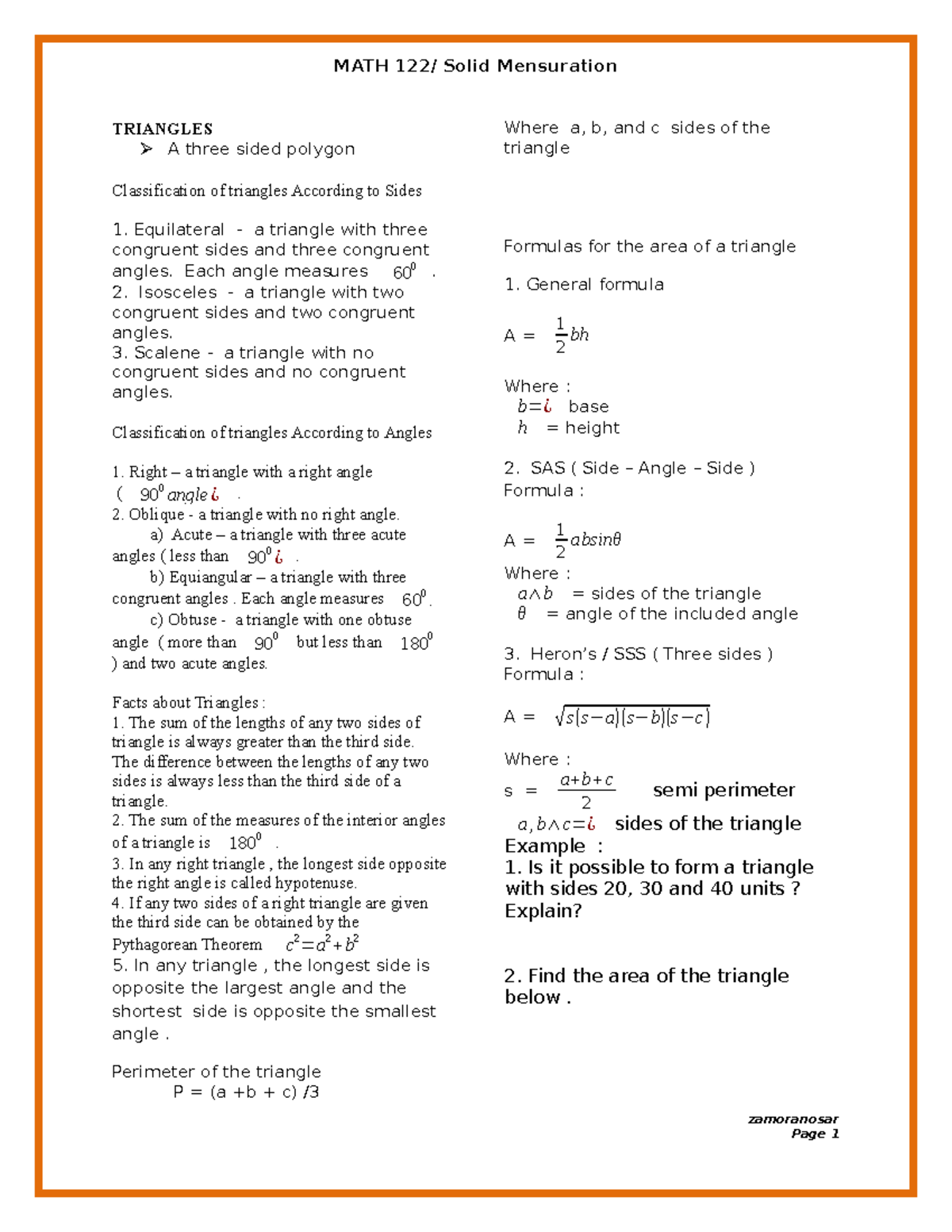 Polygons Application - MATH 122/ Solid Mensuration TRIANGLES A three sided polygon ...