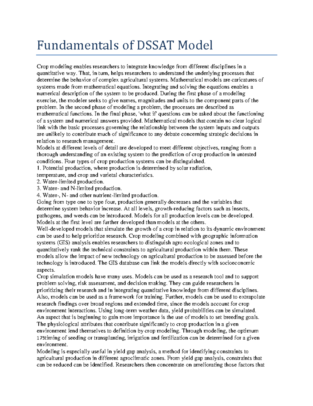 Fundamentals of Dssat Model - Fundamentals of DSSAT Model Crop modeling enables researchers to ...