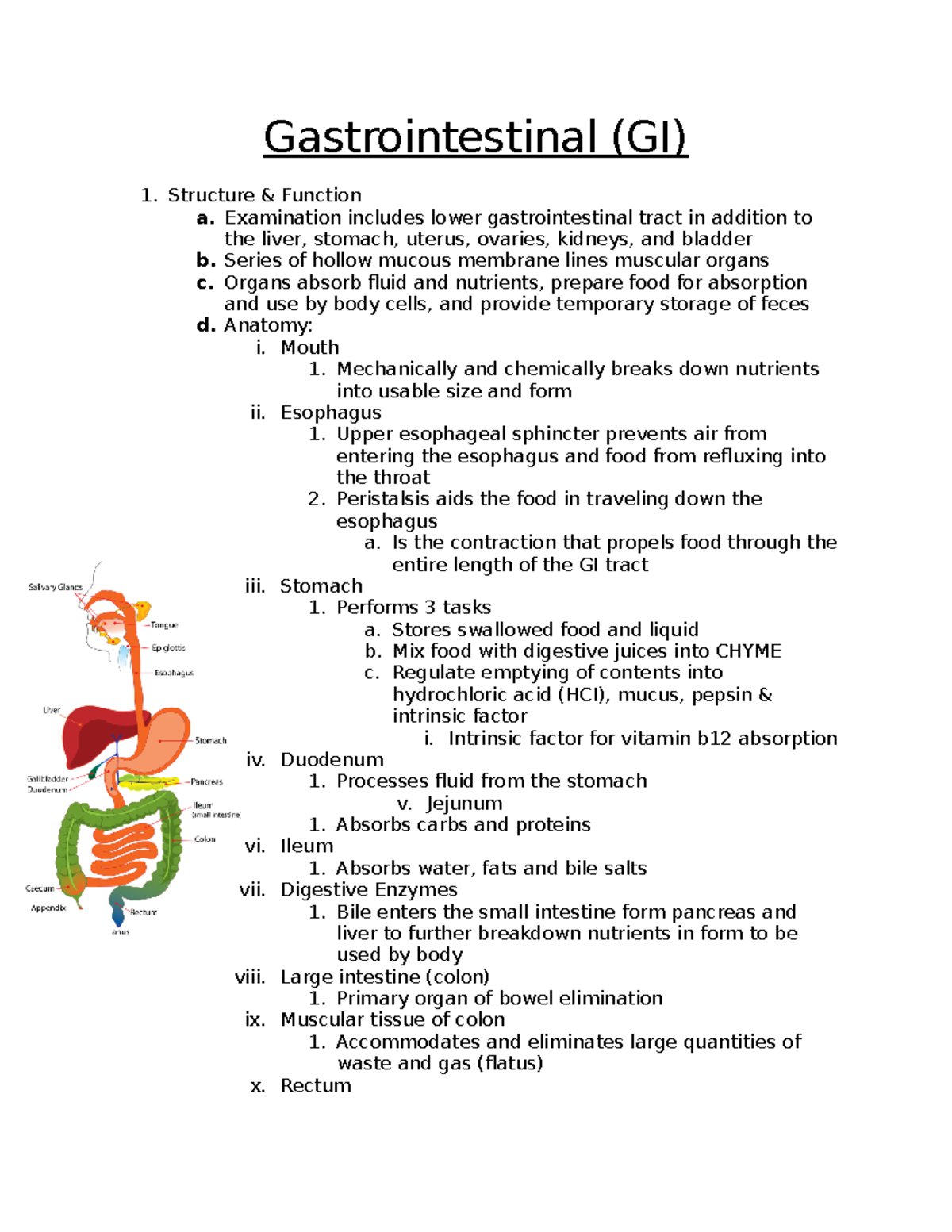 Exam 5 - Fundamentals of Nursing - Gastrointestinal (GI) Structure ...
