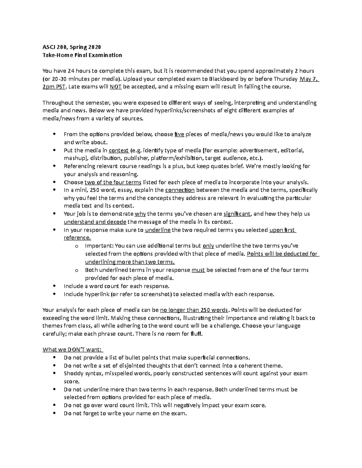 ASCJ 200 Final Exam - ASCJ 200, Spring 2020 Take-Home Final Examination ...