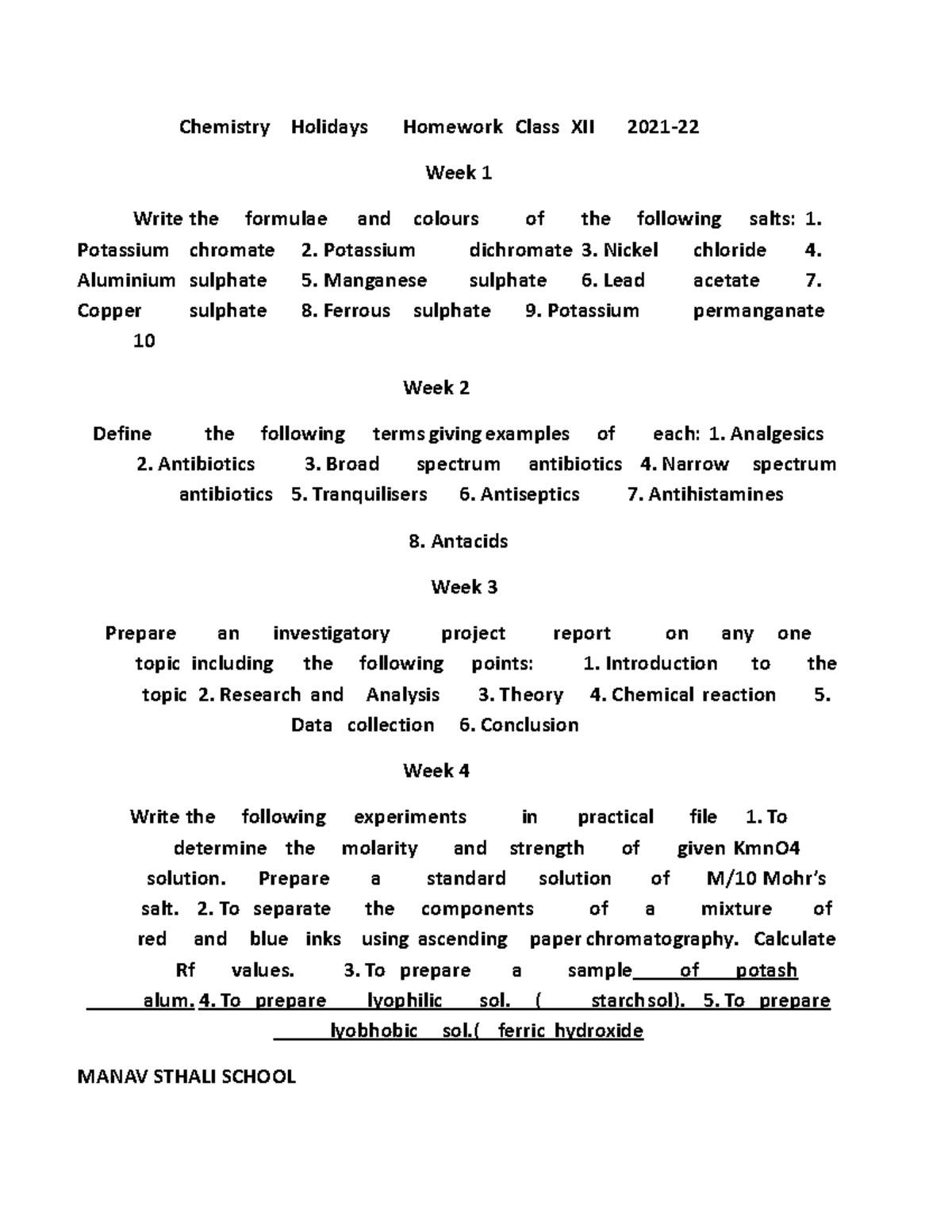 Holidays-homework-12 - Chemistry Holidays Homework Class XII 2021- Week ...