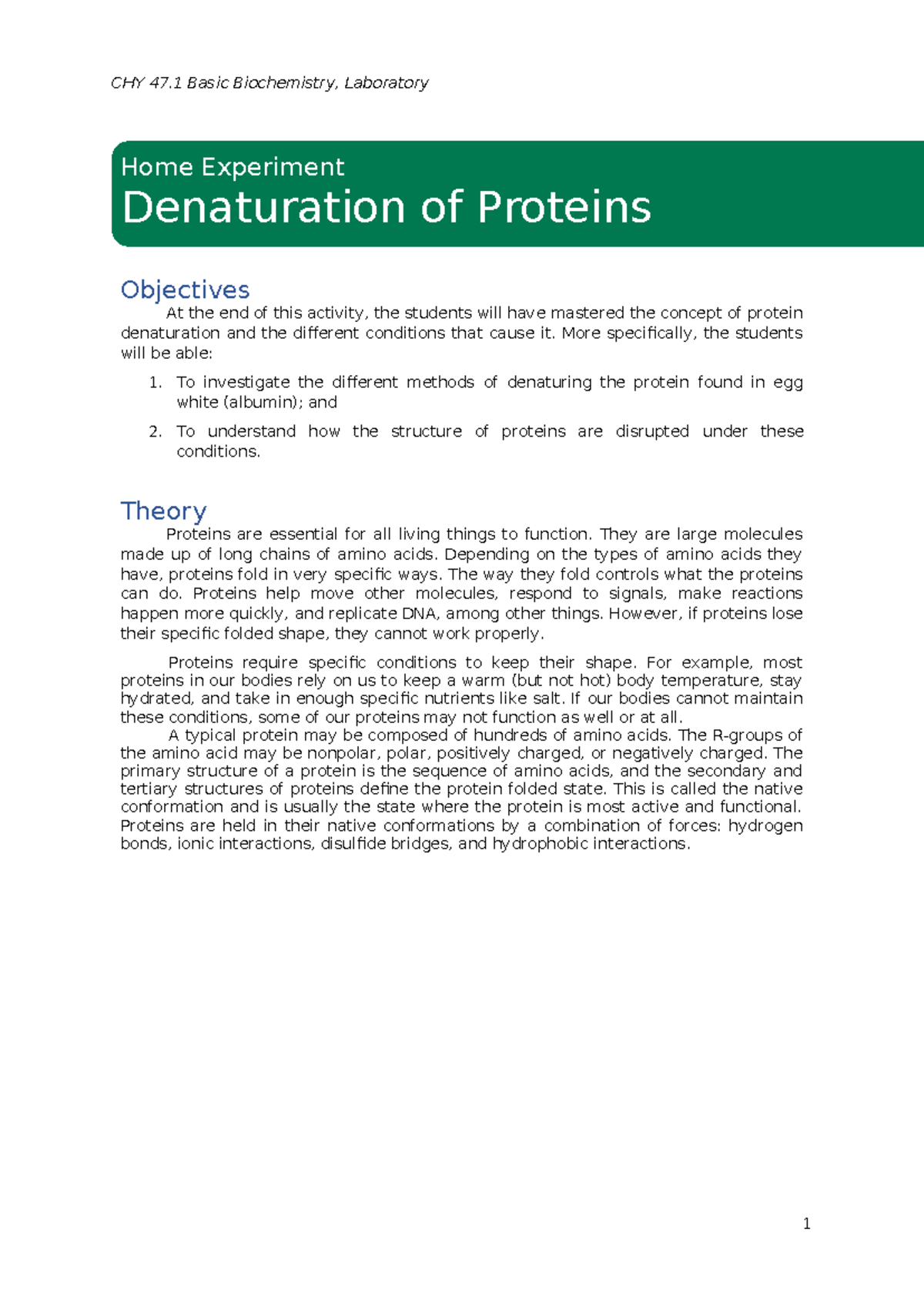 CHY47 - Denaturation of Proteins - Home Experiment Denaturation of ...