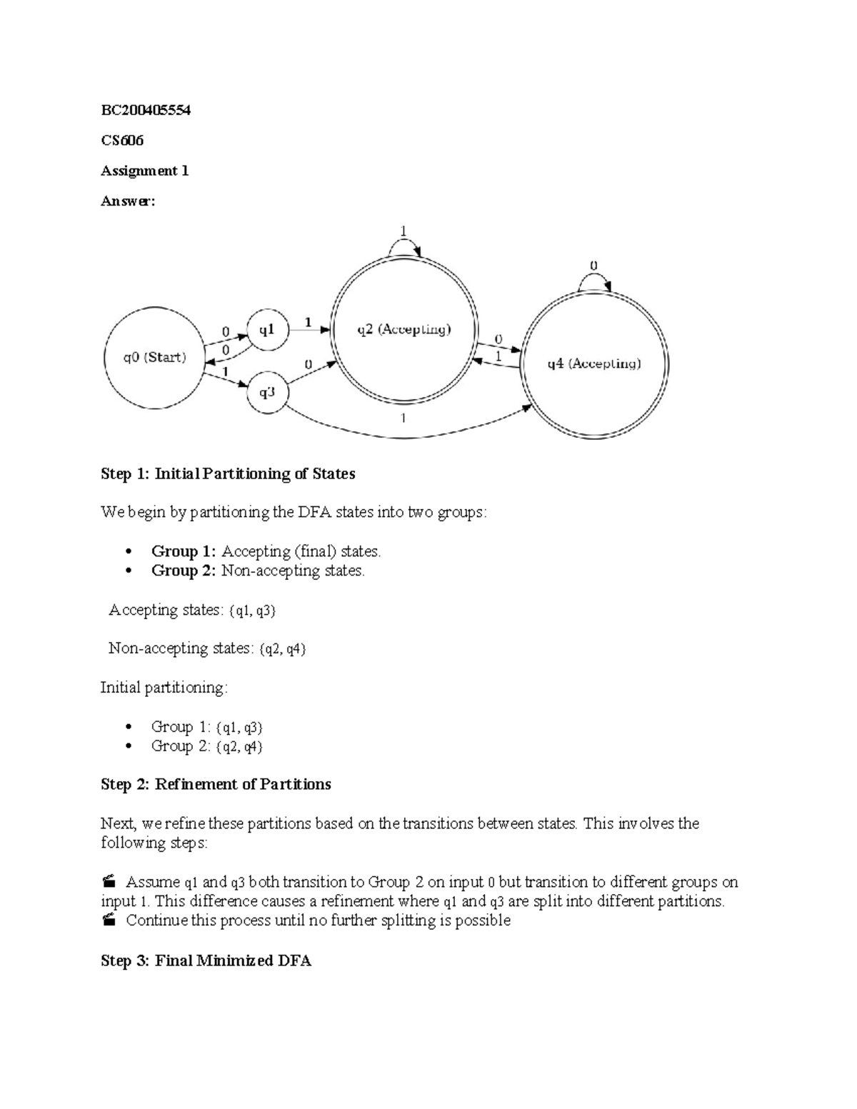 Bc2004 05554 Assignment Bc Cs Assignment 1 Answer Step 1 Initial Partitioning Of States We