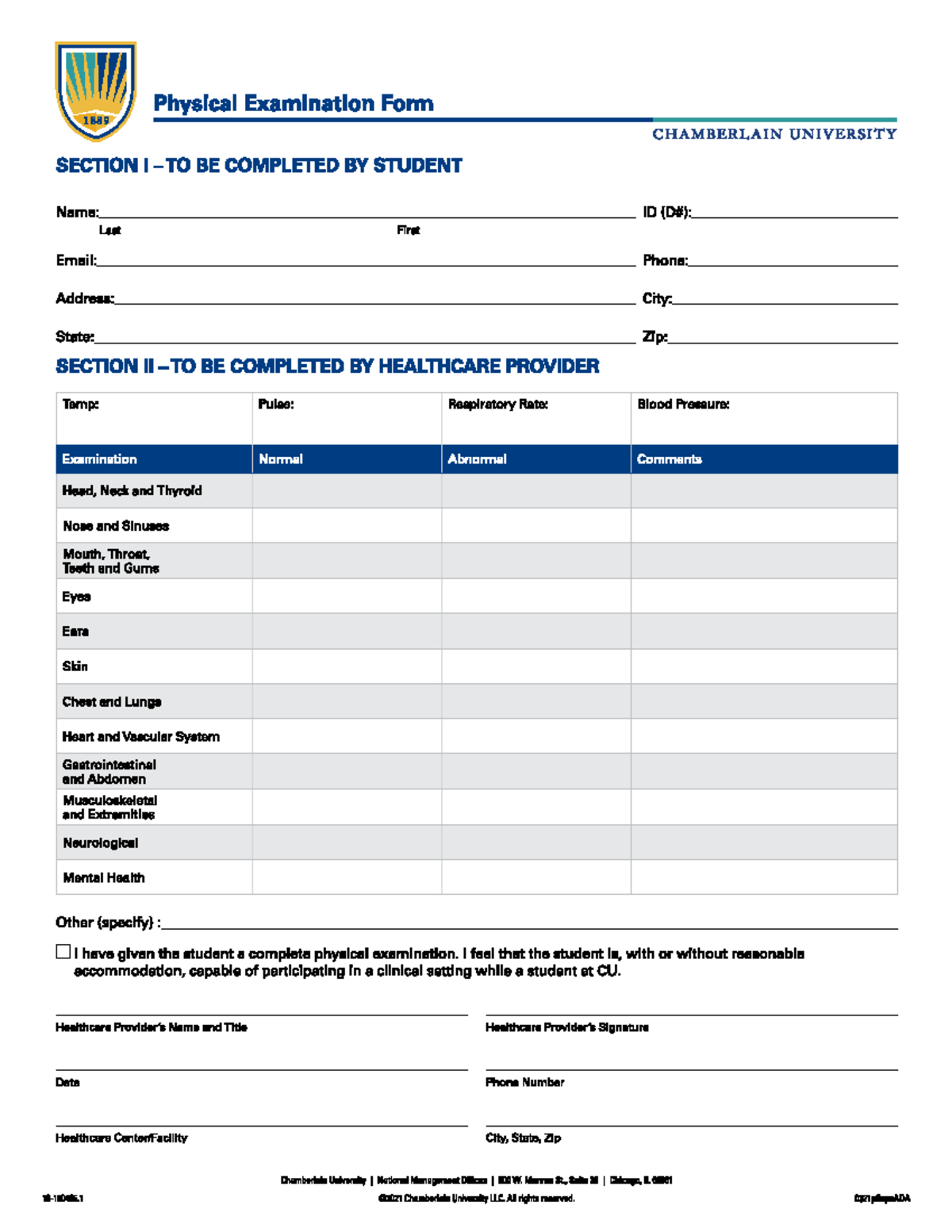 Physical Exam Form - Physical Examination Form 1889 CHAMBERLAIN ...