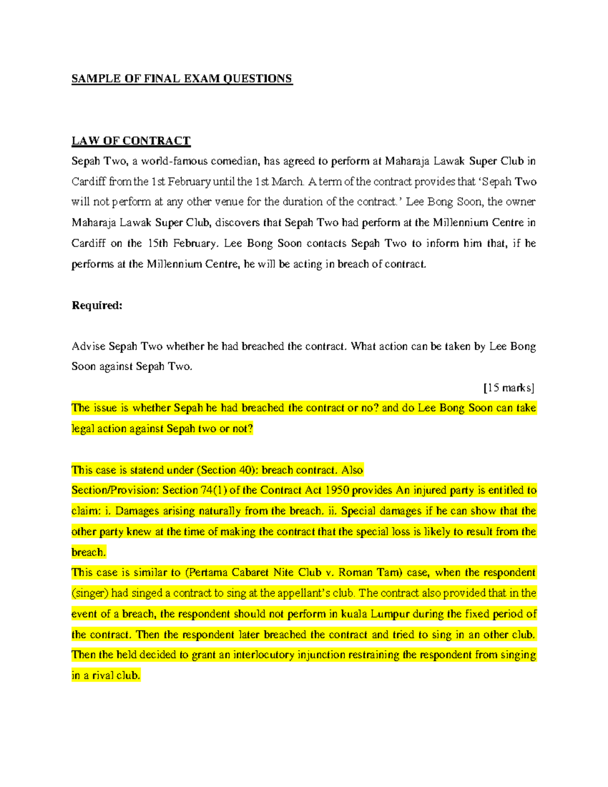 Final EXAM Tutorial (LWBB113) - SAMPLE OF FINAL EXAM QUESTIONS LAW OF ...