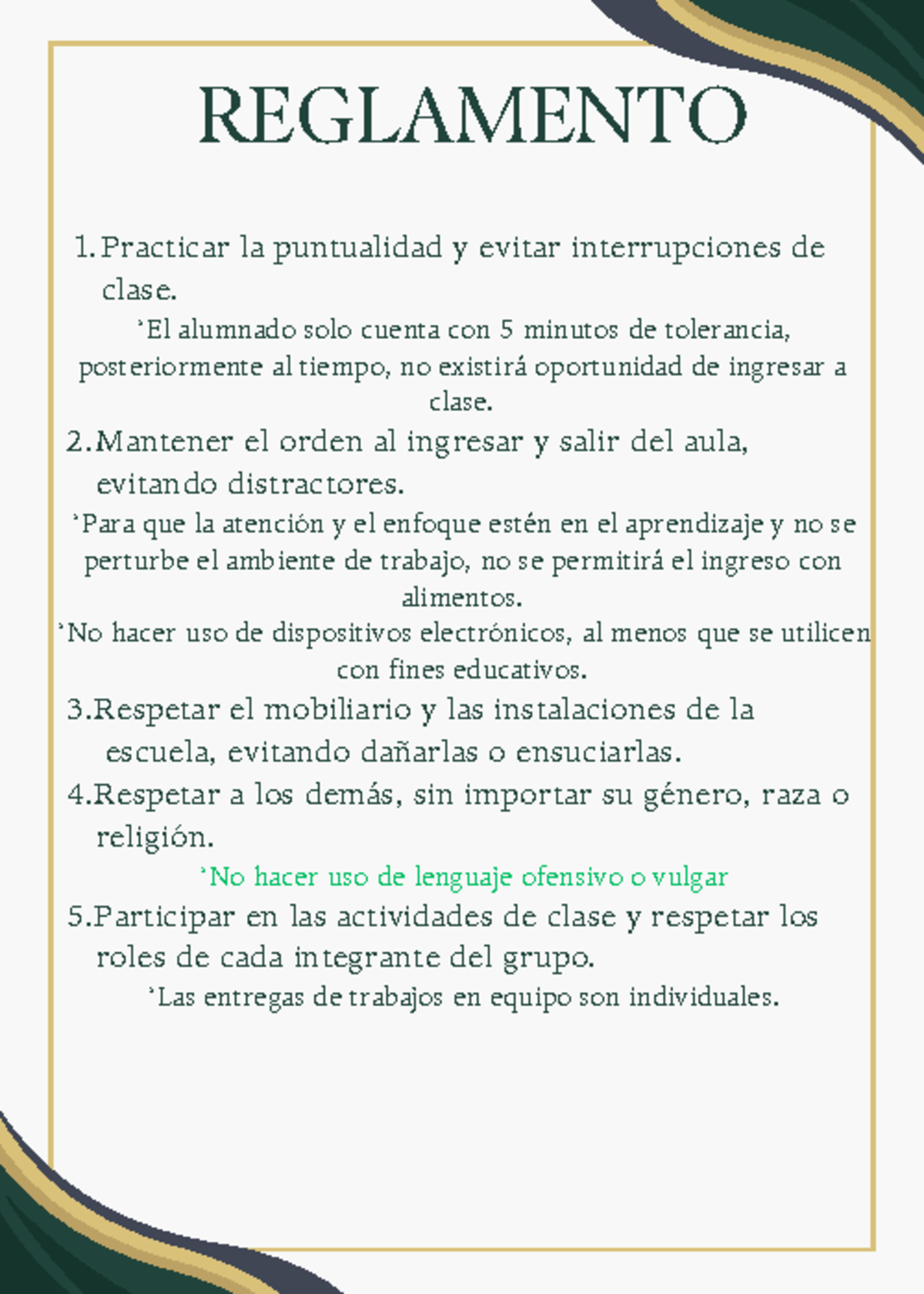 Reglamento-5 - reglamento habilidades V - REGLAMENTO Practicar la puntualidad y evitar - Studocu