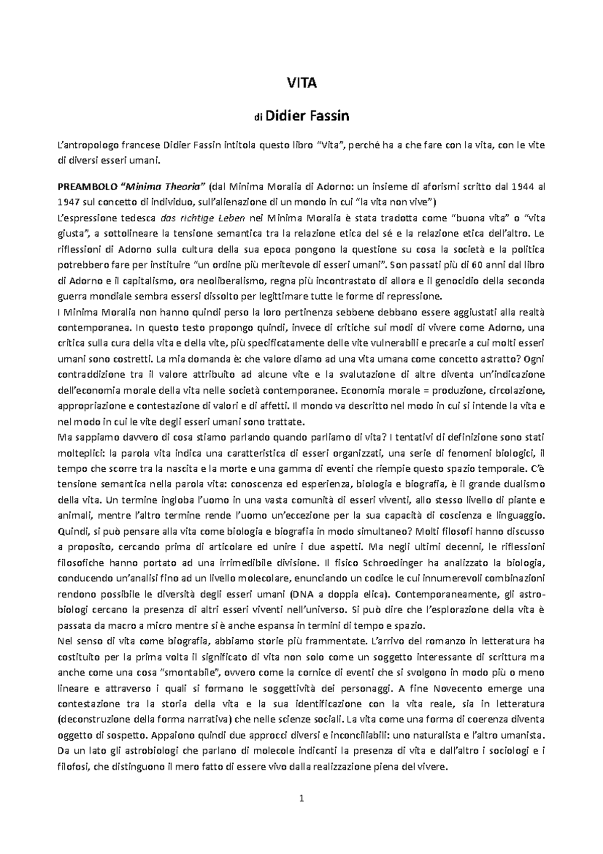 VITA Didier Fassin - Riassunto in italiano del libro Life (in inglese ...