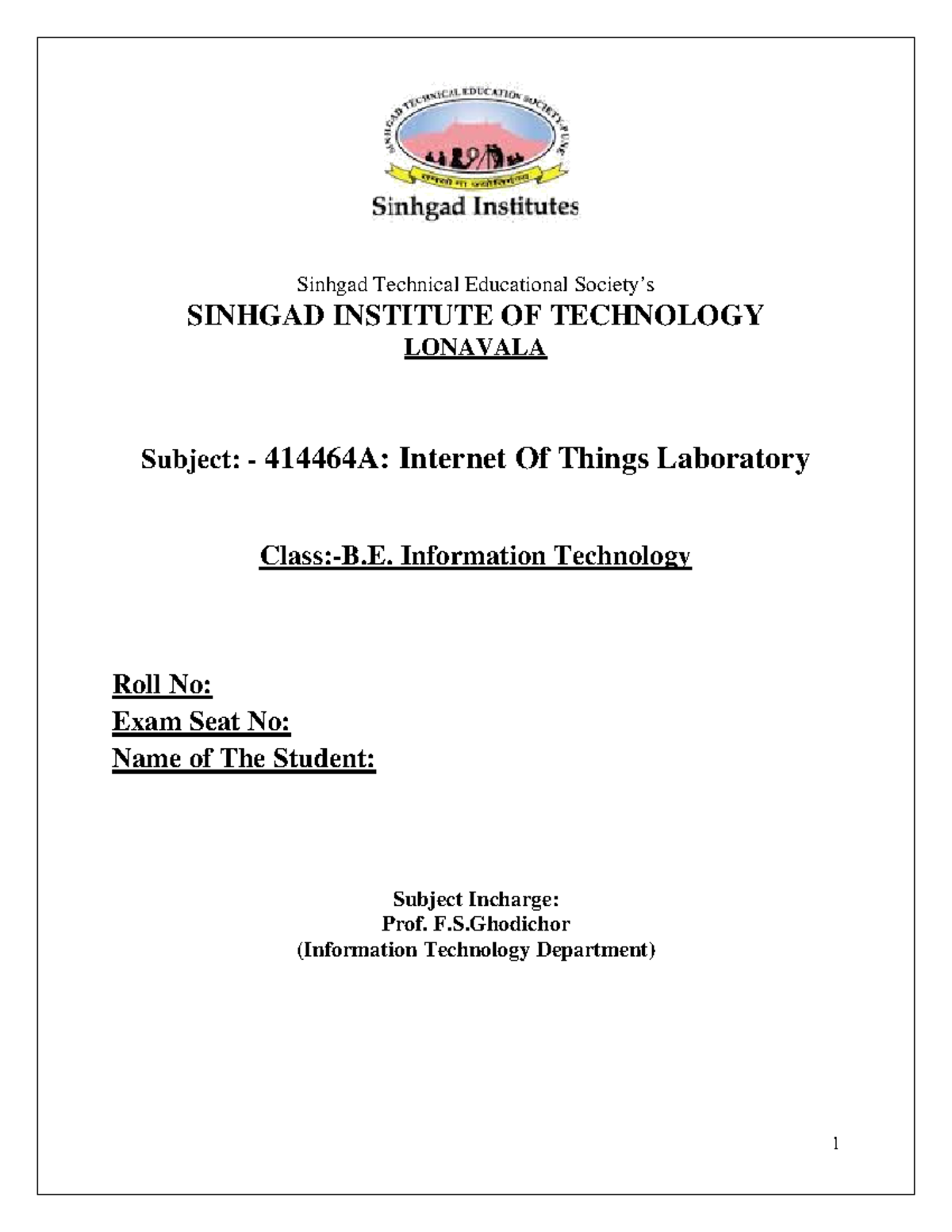 BEIT Io T Lab Manual - Sinhgad Technical Educational Society’s SINHGAD INSTITUTE OF TECHNOLOGY ...