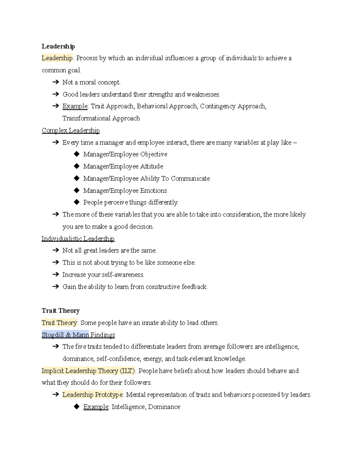 Chapter 16 Notes - Leadership - Leadership Leadership: Process by which ...