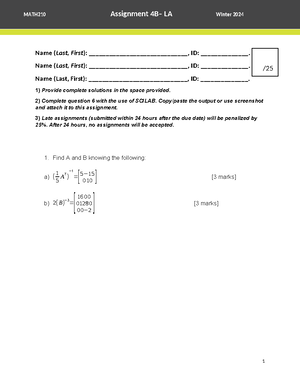MATH 210 - 001 - Linear Algebra Assignment - MATH210 - Centennial College - Studocu