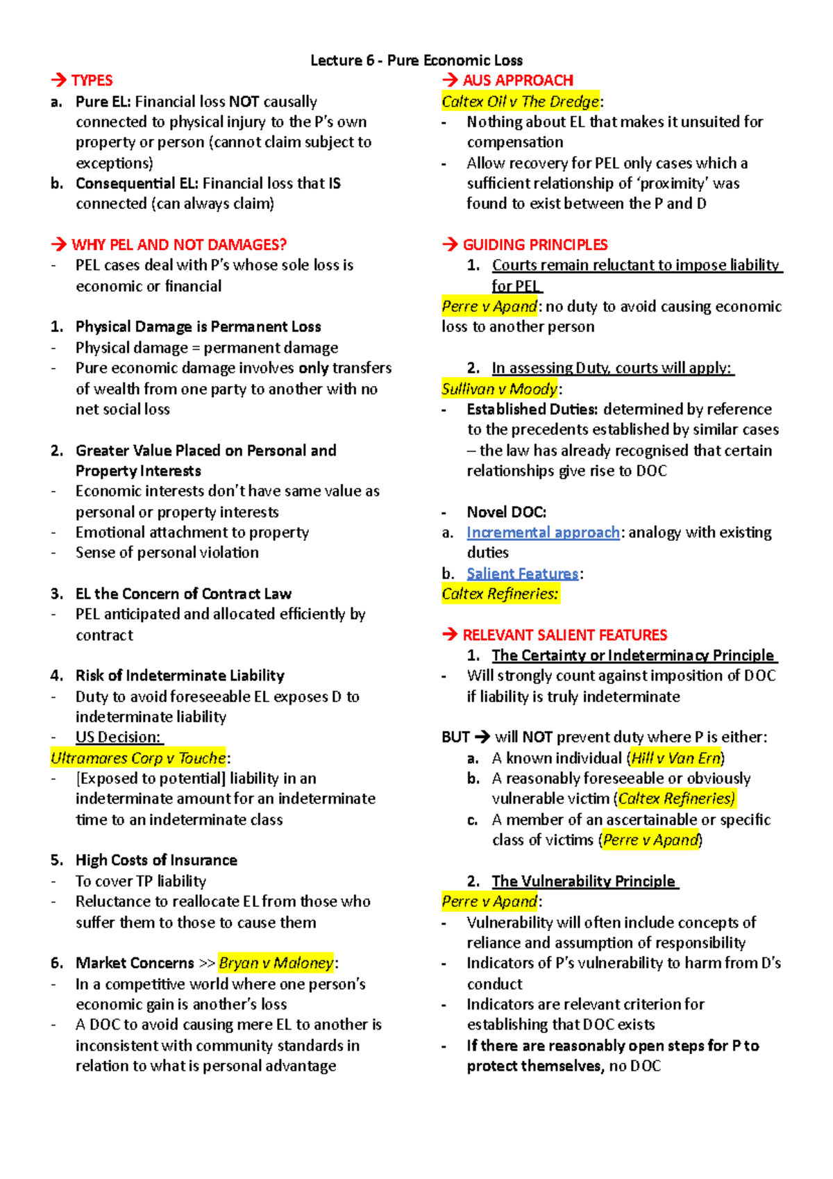 Lecture 6 - Pure Economic Loss - Pure EL: Financial loss NOT causally ...