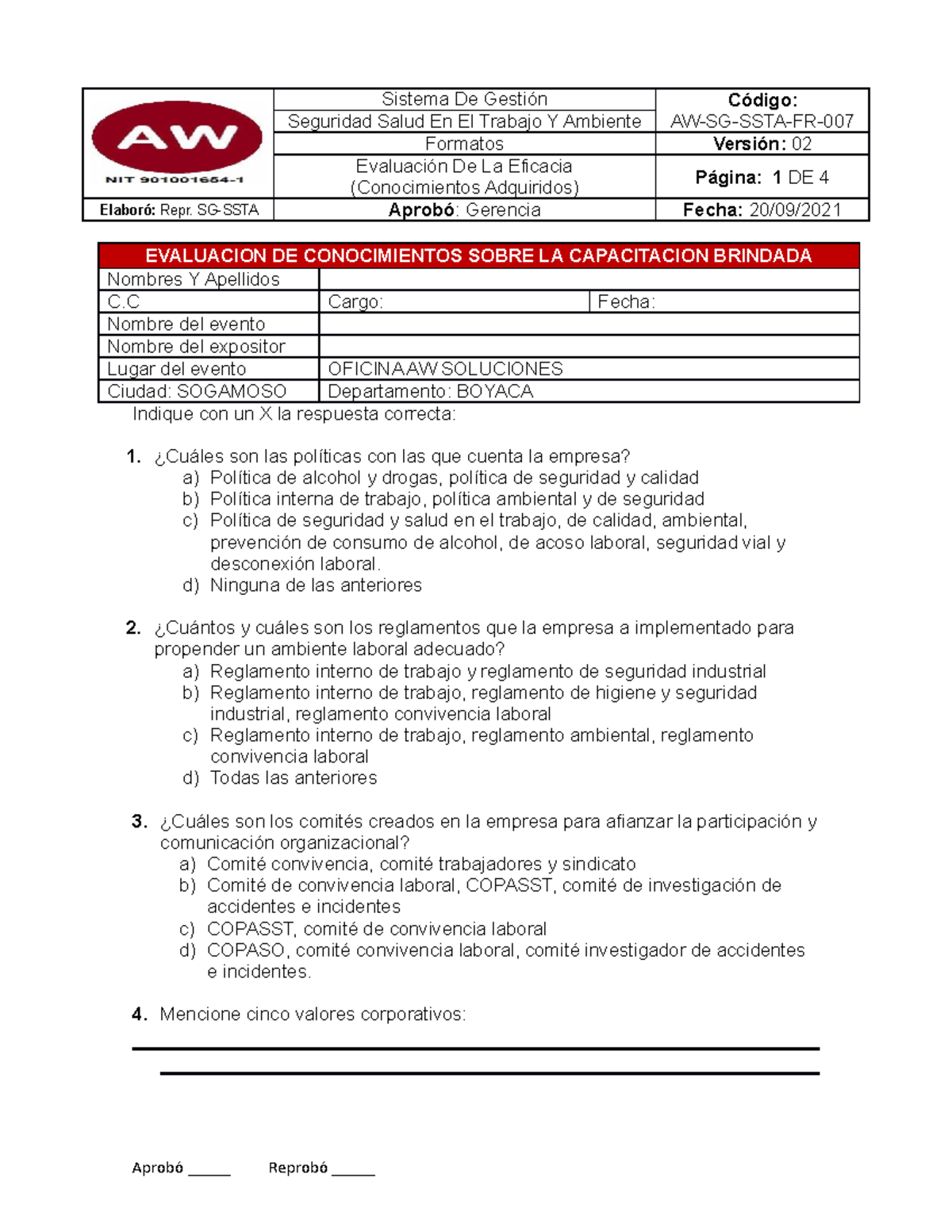 AW-SG-SSTA-FR-007 Evaluacion DE Induccion - Reinduccion - Seguridad Salud En El Trabajo Y ...