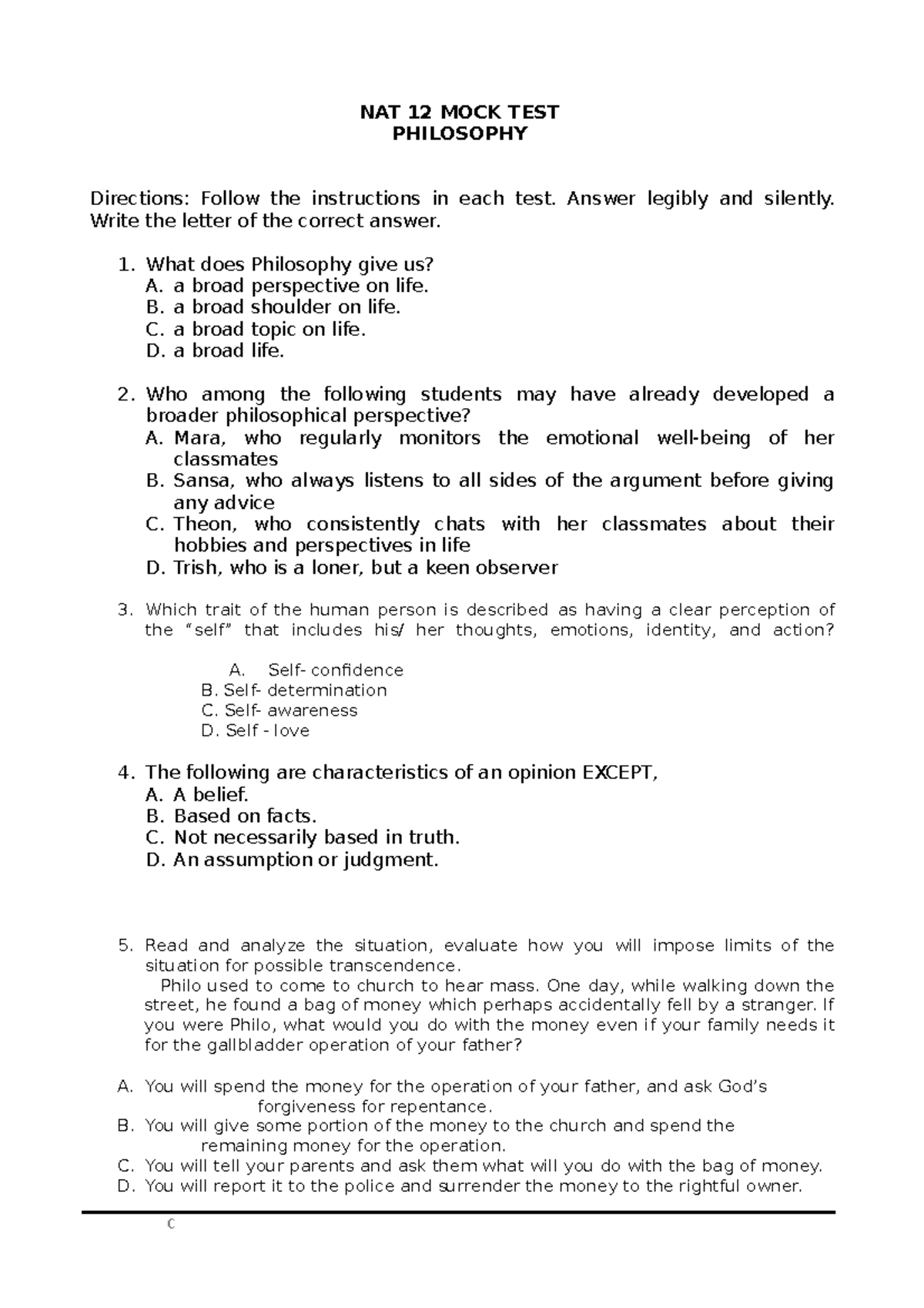 MOCK-TEST- Philosophy - NAT 12 MOCK TEST PHILOSOPHY Directions: Follow ...