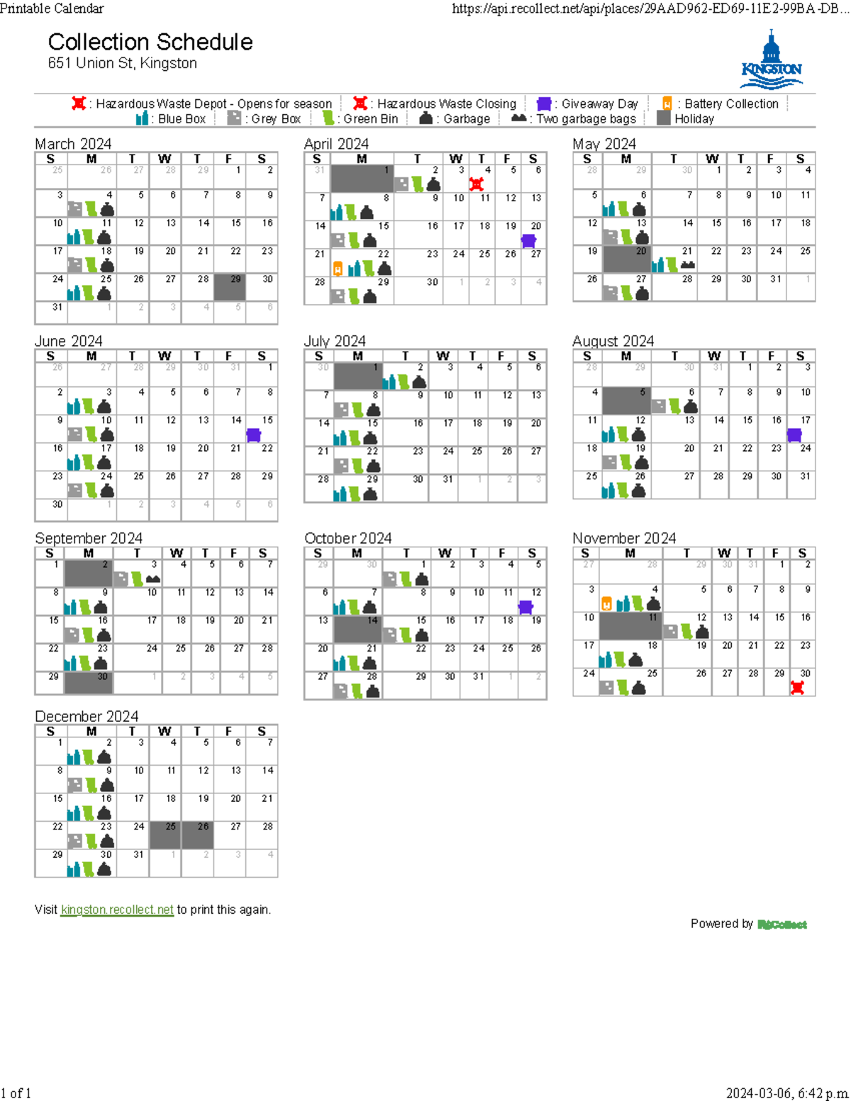 Printable Calendar - Collection Schedule 651 Union St, Kingston ...