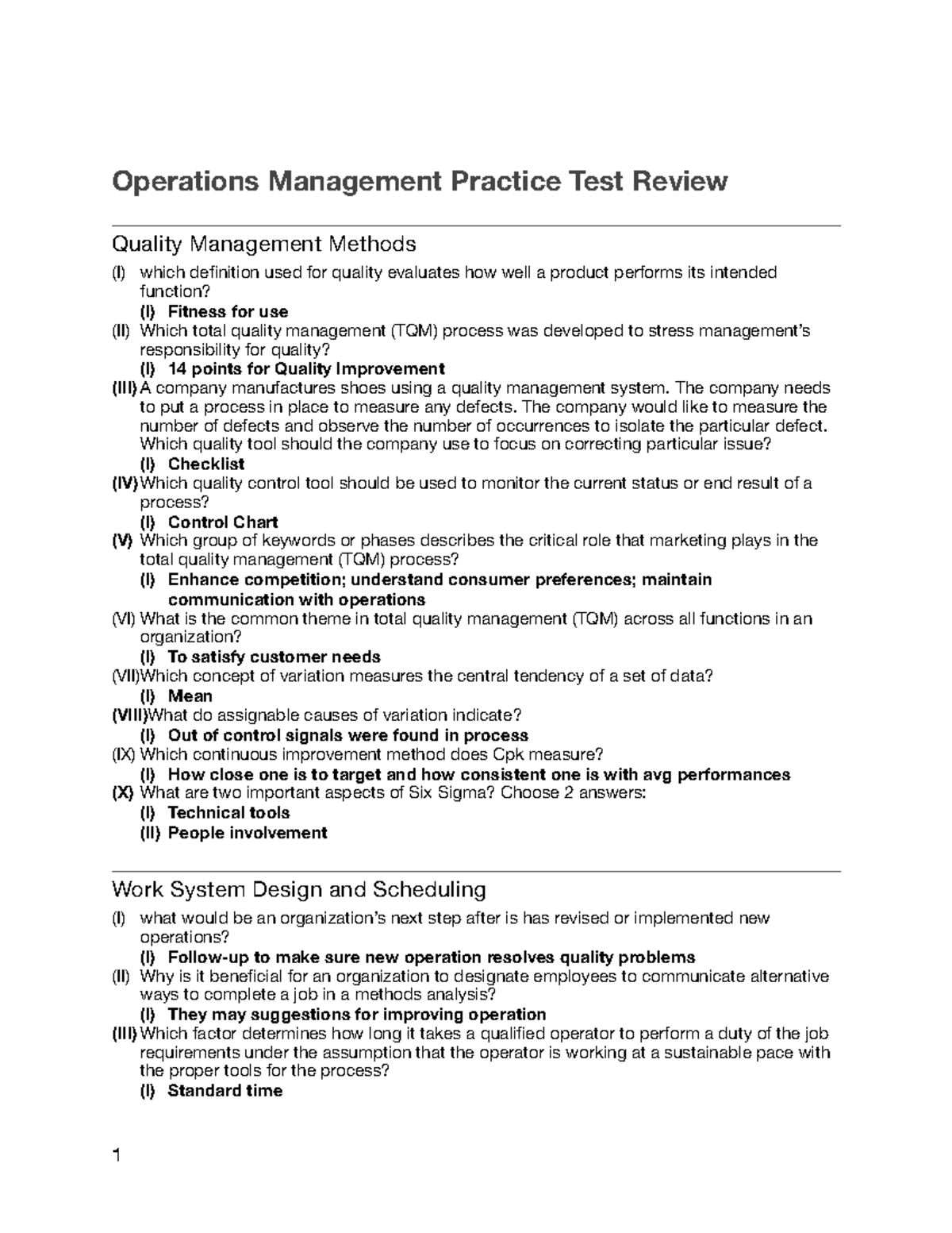 C215 Practice Exam - Operations Management Practice Test Review Quality ...