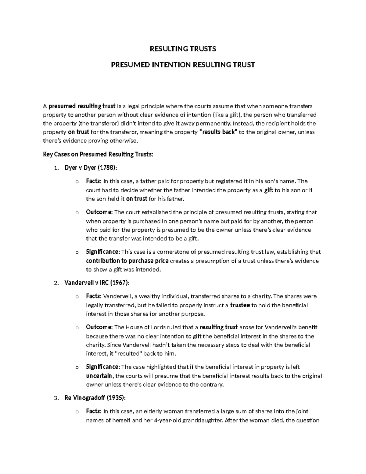 Resulting Trust 2 answer plan - RESULTING TRUSTS PRESUMED INTENTION ...