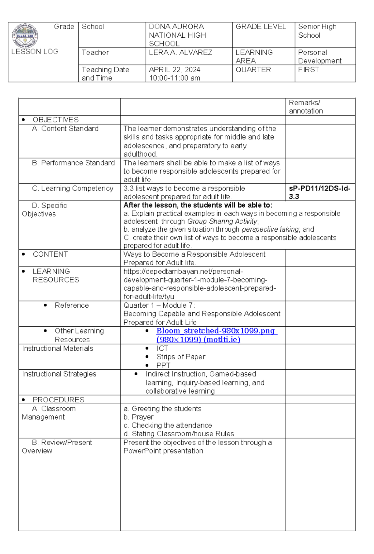 DLL Personal Development - Grade 7 LESSON LOG School DONA AURORA ...
