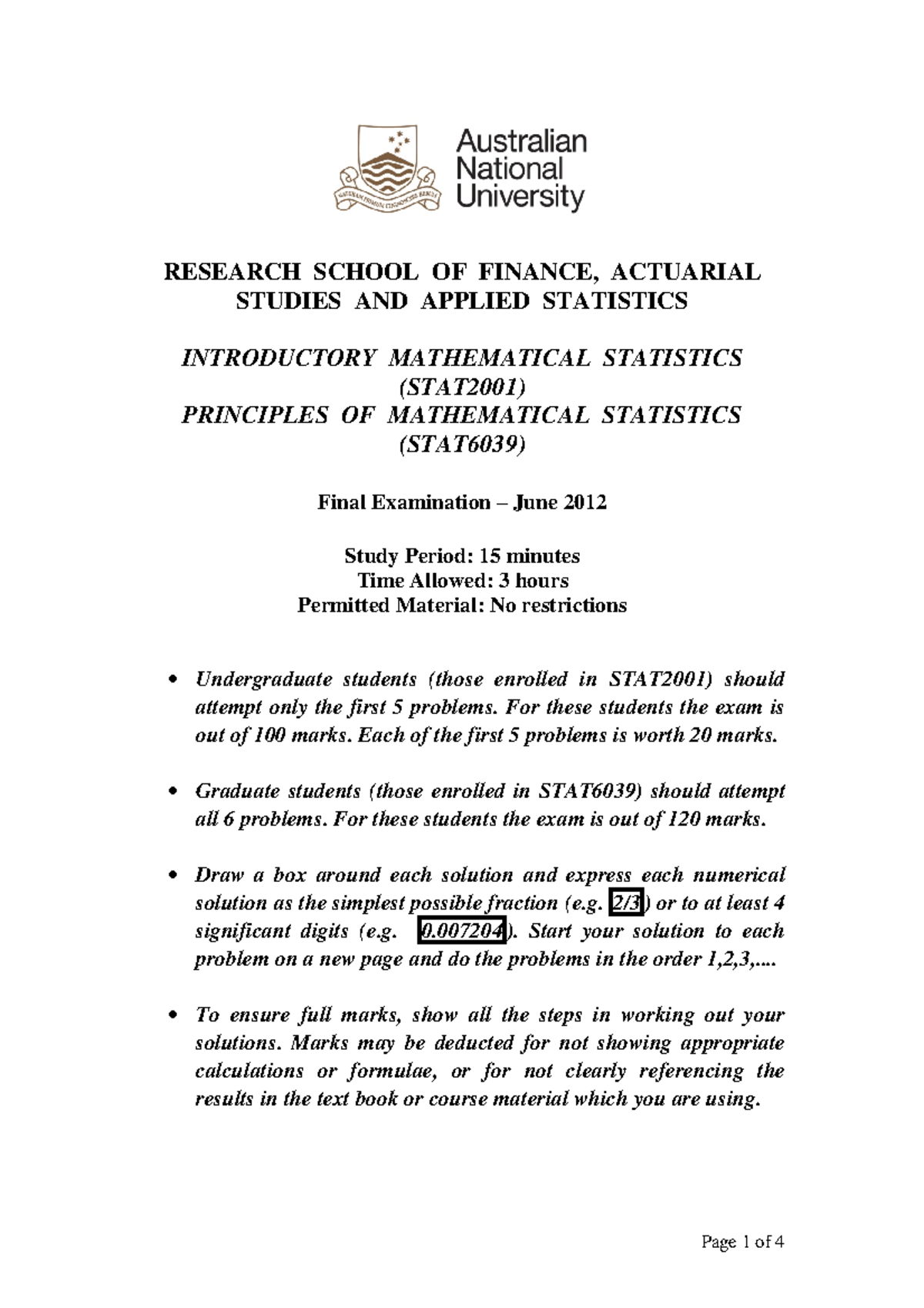 Sample/practice Exam 2012, Questions And Answers - RESEARCH SCHOOL OF ...