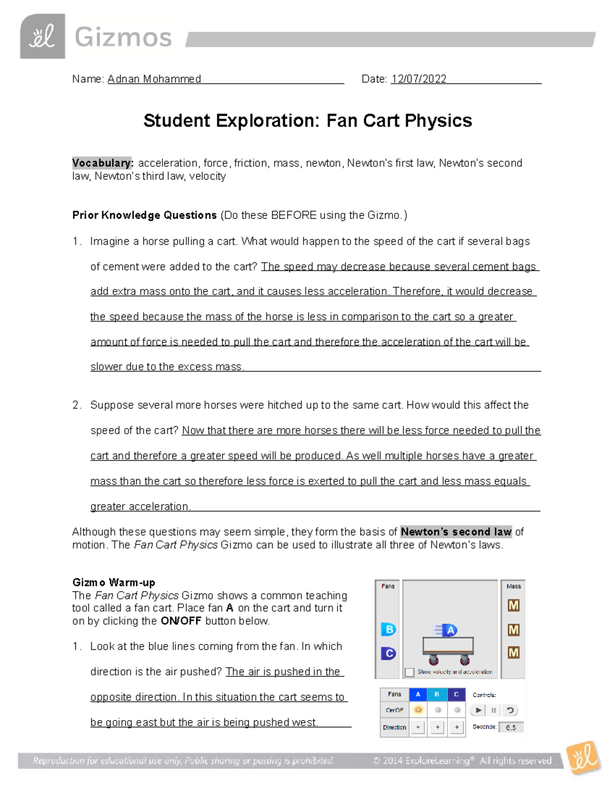 Fan Cart Physics SE - idk - Name: Adnan Mohammed Date: 12/07/ Student ...