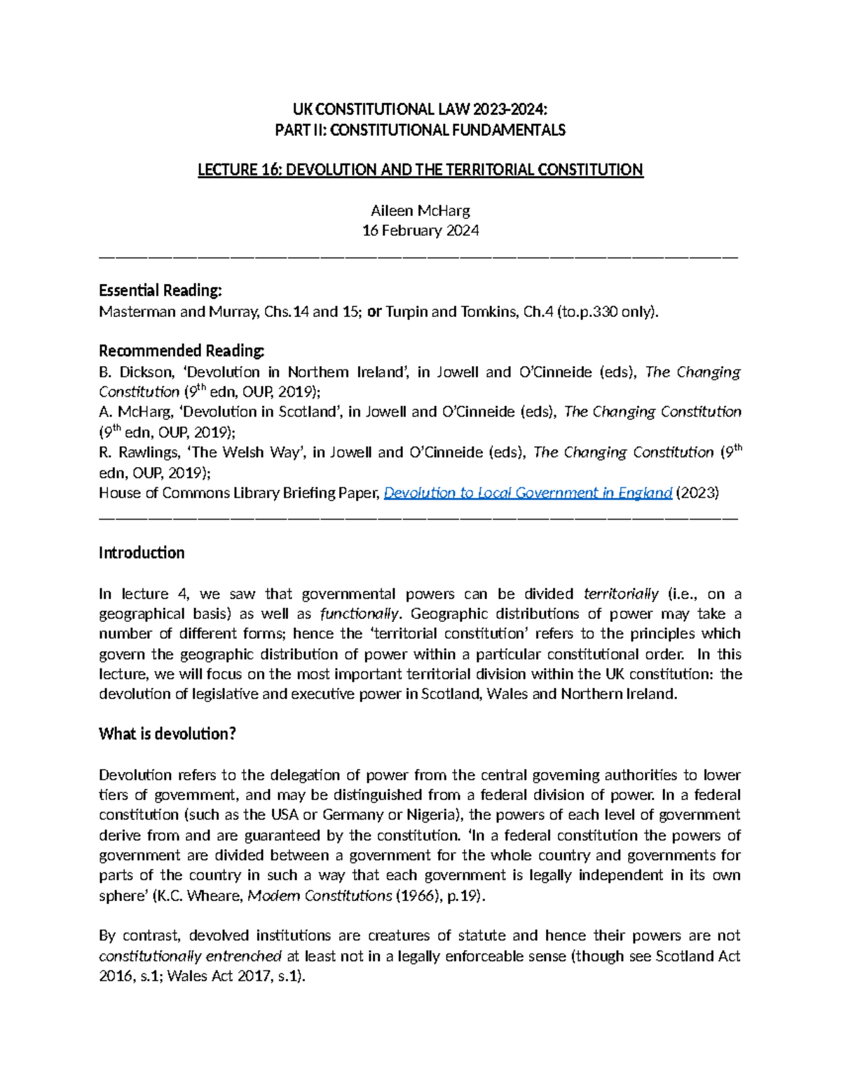 Lecture 16 - Devolution 2023-24 - UK CONSTITUTIONAL LAW 2023-2024: PART II: CONSTITUTIONAL - Studocu
