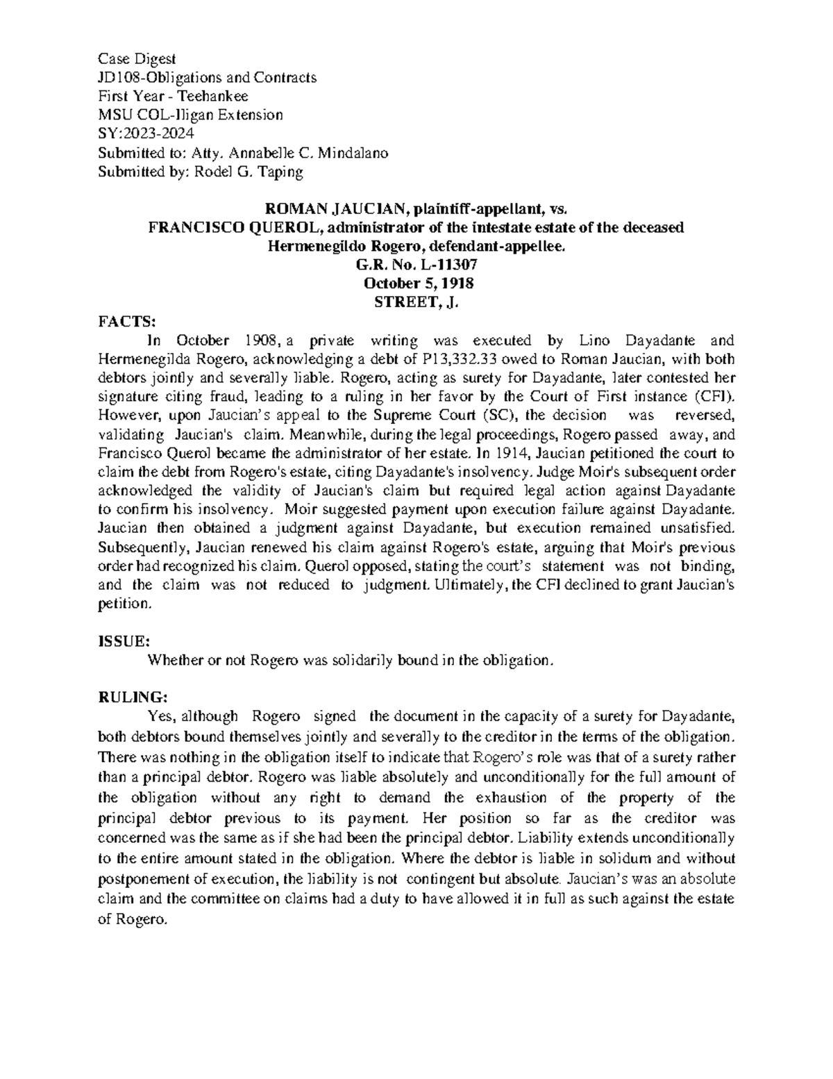 G.R. No. L-11307 Jaucianv - Case Digest JD108-Obligations and Contracts First Year - Teehankee ...