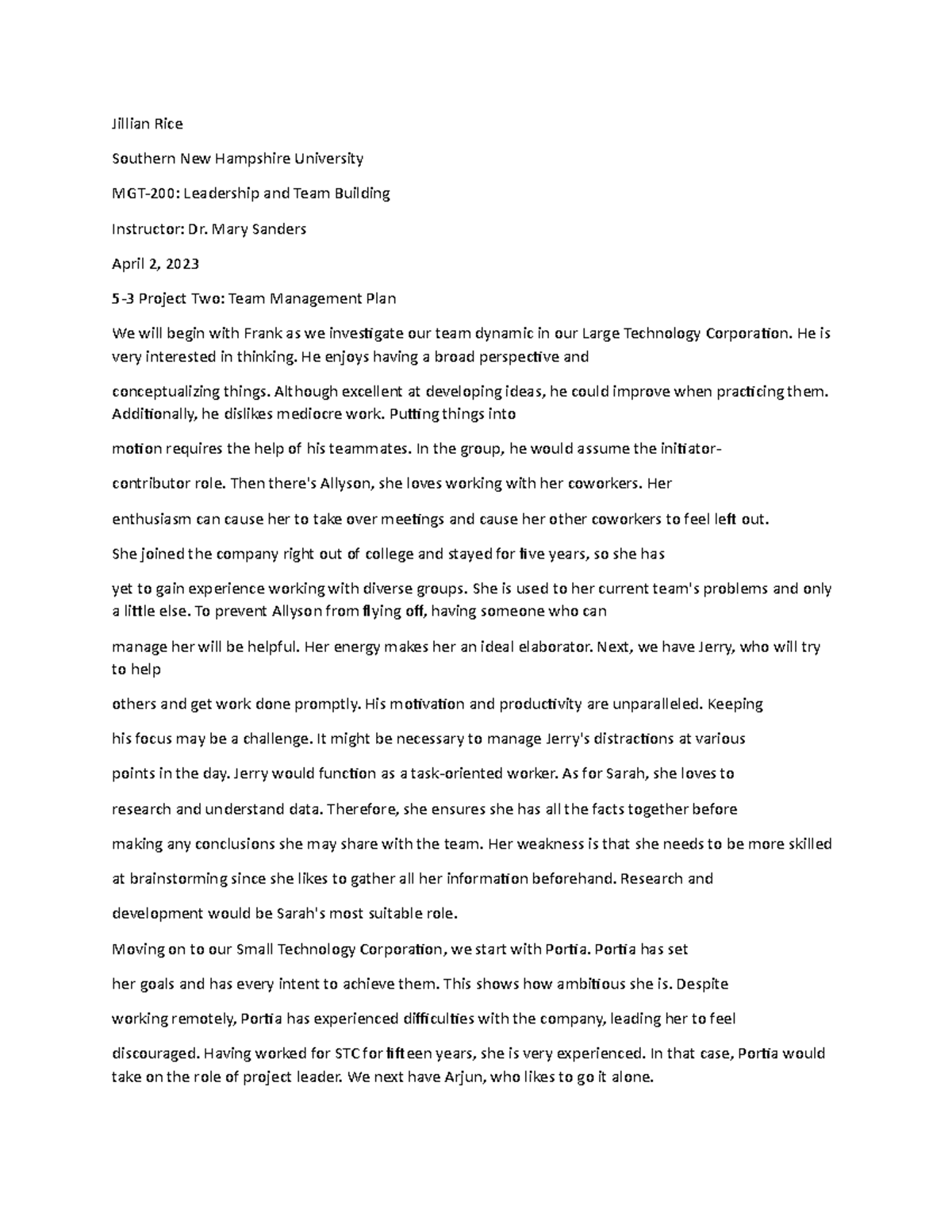 5.3 Project Two, Team Management Plan - Jillian Rice Southern New Hampshire University MGT-200 ...