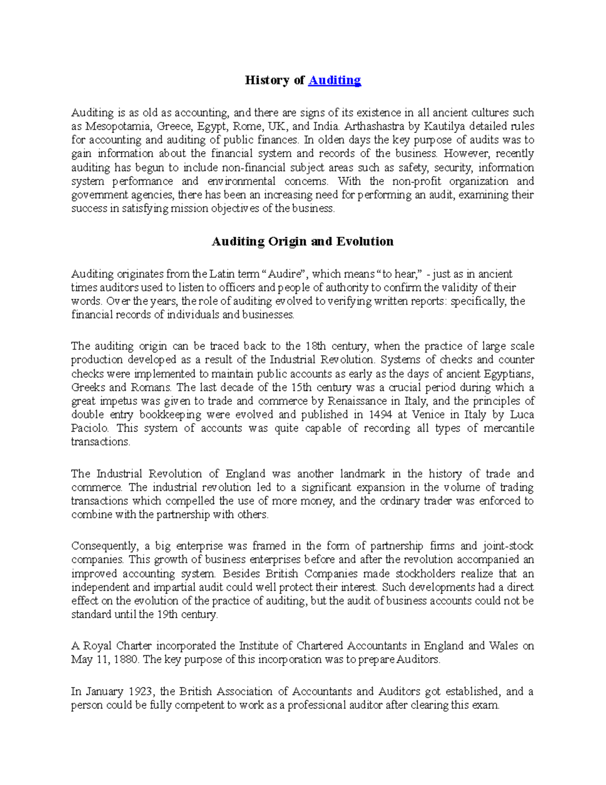 The history of auditing - History of Auditing Auditing is as old as ...