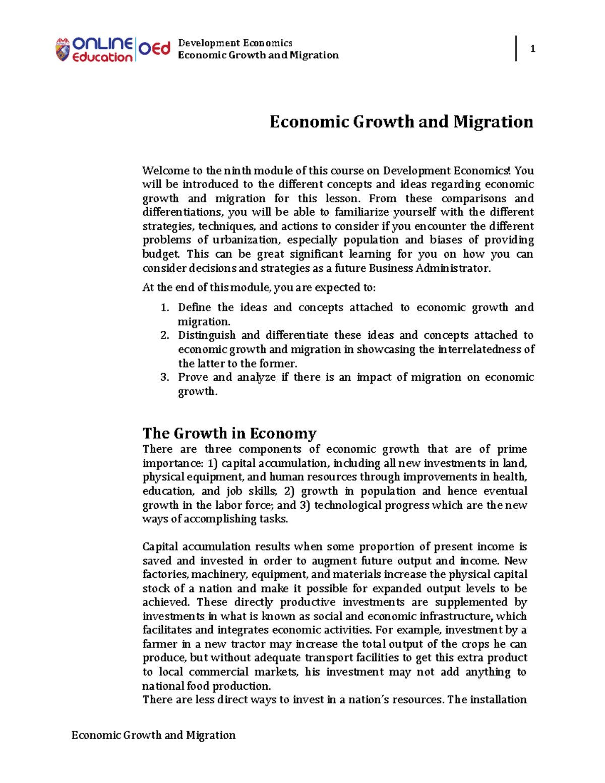 LONG QUIZ 3 - review well - Economic Growth and Migration 1 Economic ...